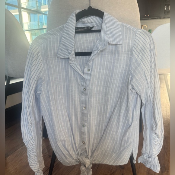 Zara | Tops | Zara Linen Striped Buttonup Shirt With Tie Front | Poshmark